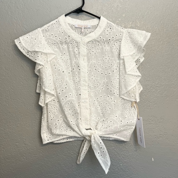 Tops | White Eyelet Ruffle Sleeve Shirt With Tie | Poshmark